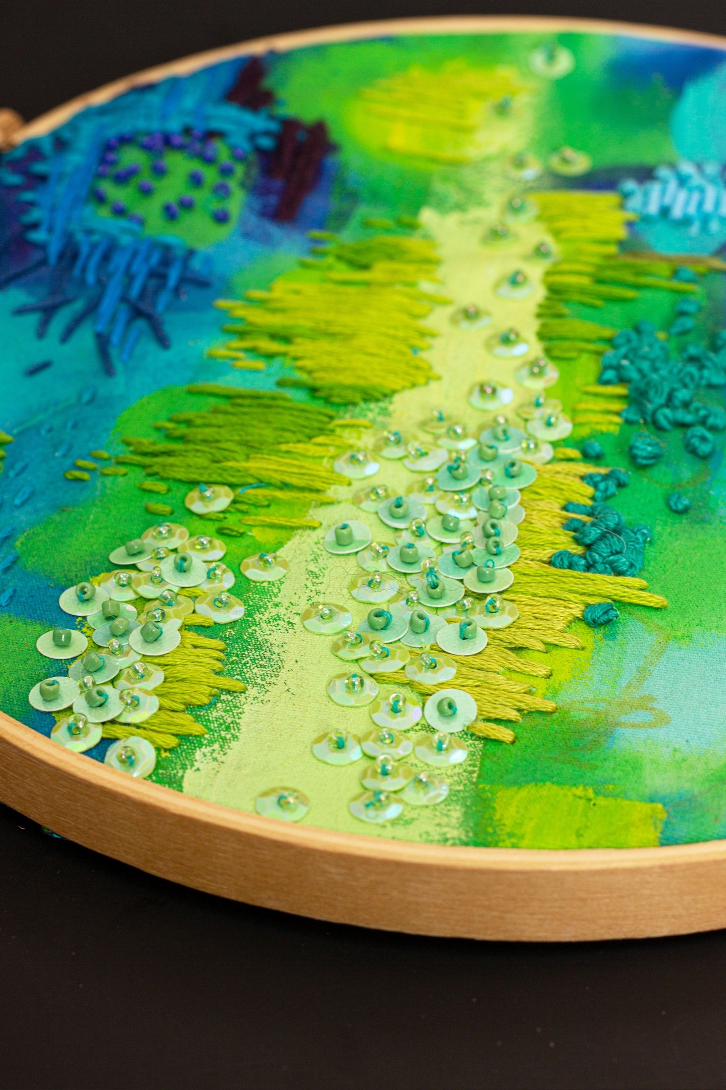 GREEN AND BLUE EMBROIDERED WORK – ÉMILIE DESMEULES:::BOUTIQUE:::
